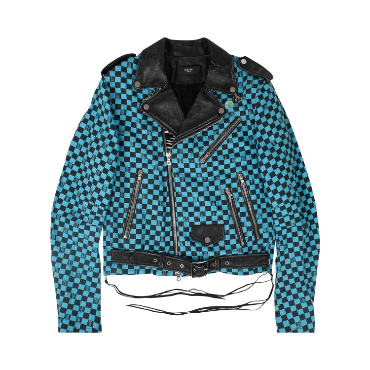 Amiri Checkered Biker Jacket 'Blue' | GOAT