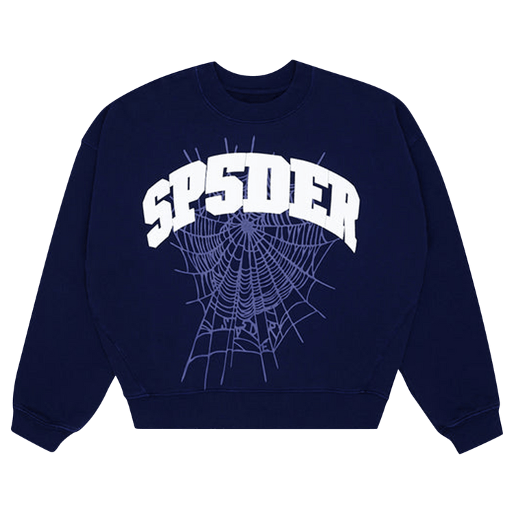 Buy Sp5der Varsity Web Crewneck 'Navy' - M01SS003VWNW | GOAT