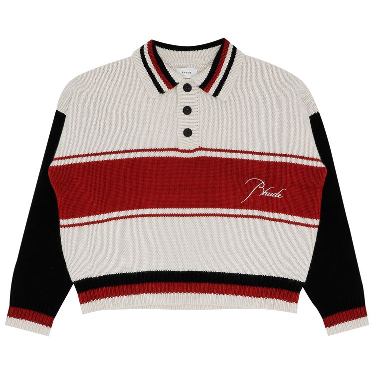 Buy Rhude Stripe Knit Rugby 'Creme/Black/Red' - FW21SW06037507 | GOAT