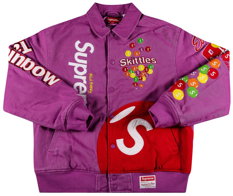 Buy Supreme x Skittles x Mitchell & Ness Varsity Jacket 'Purple ...