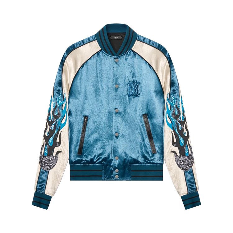 Buy Amiri Satin Flames Souvenir Jacket 'Blue' - PS22MOS020 420 BLUE | GOAT