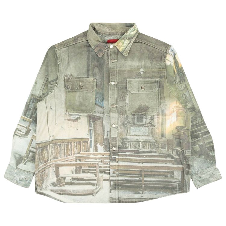 Buy 424 Photo Print Denim Button Down Shirt 'Green' - 424C AW19 0070 MUL | GOAT