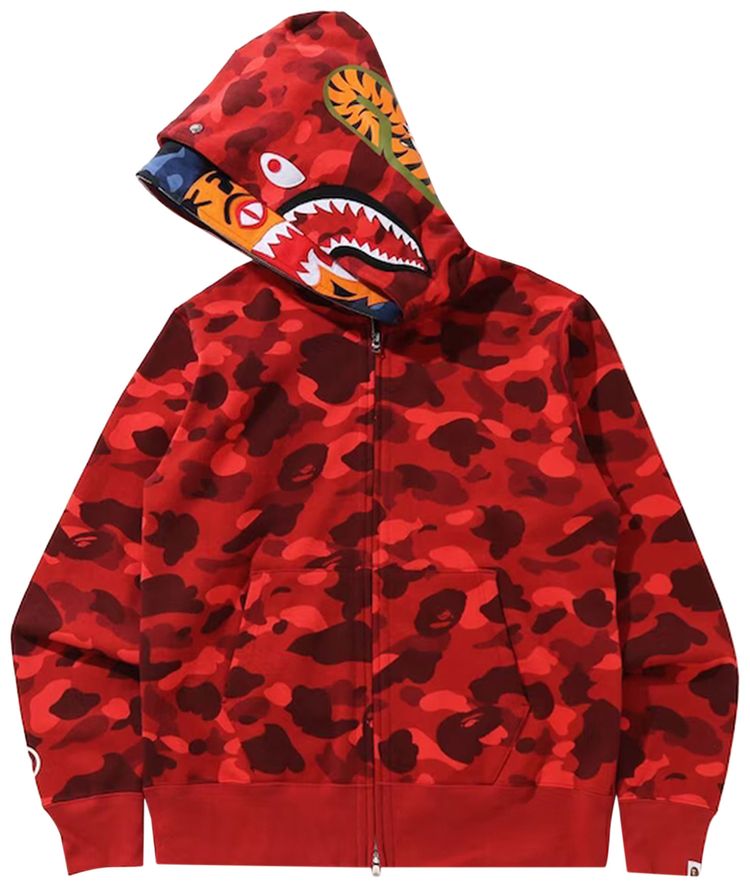 Buy BAPE Color Camo Tiger Shark Wide Full Zip Double Hoodie 'Red ...