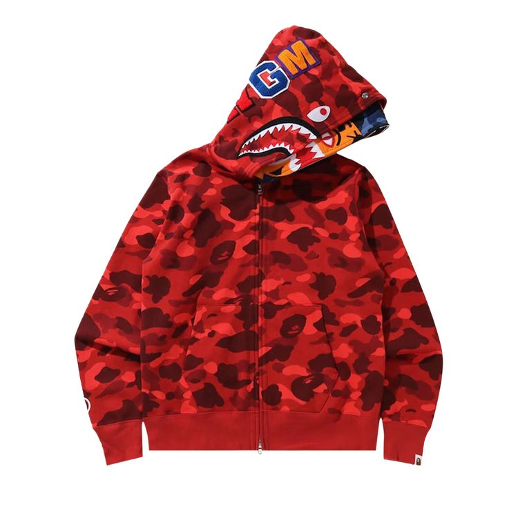 Buy BAPE Color Camo Tiger Shark Wide Full Zip Double Hoodie 'Red ...