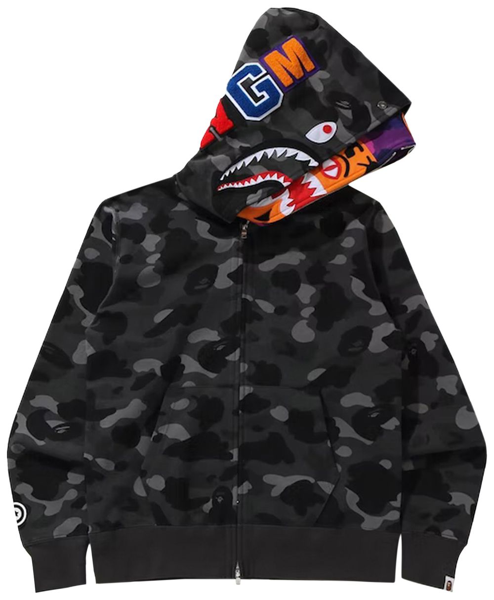 Buy BAPE Color Camo Tiger Shark Wide Full Zip Double Hoodie 'Black ...