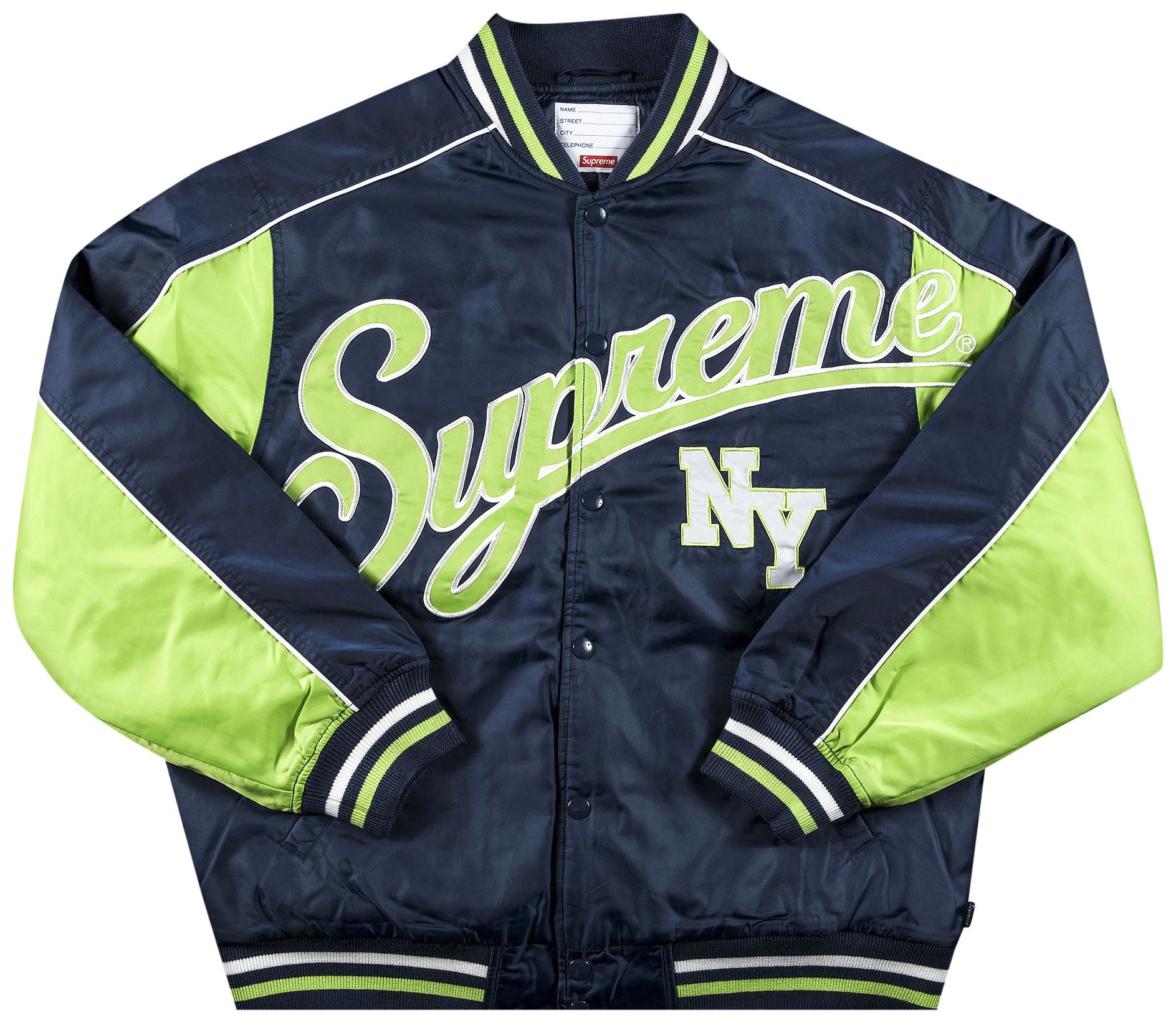 Buy Supreme Contrast Script Varsity Jacket 'Navy' - FW20J38 NAVY | GOAT