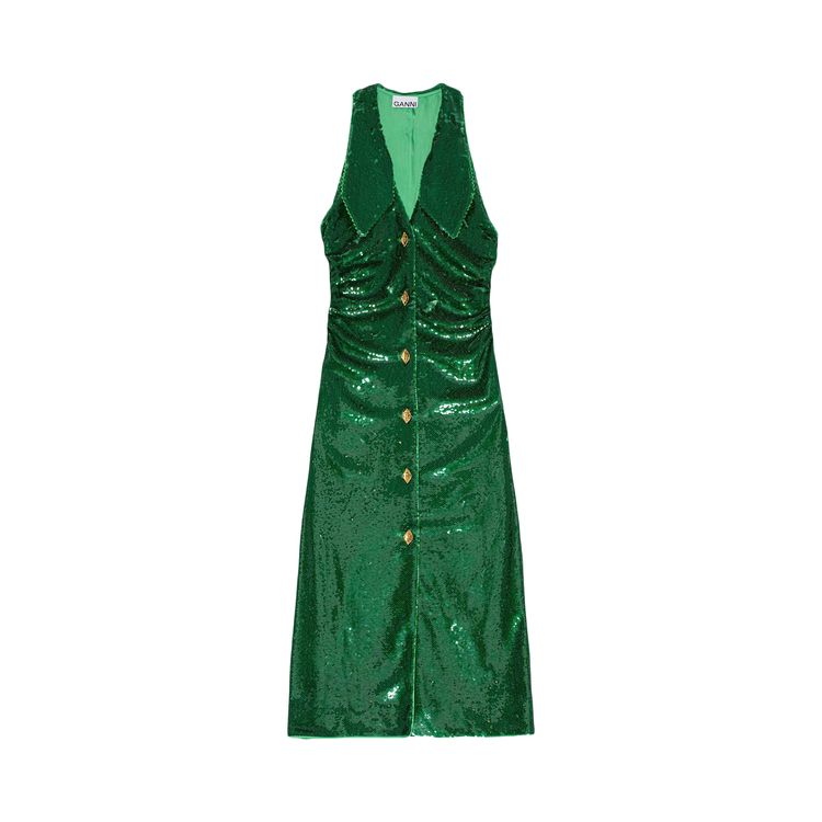 Buy GANNI Sequin Ruched Midi Dress 'Kelly Green' - F7166 KELL | GOAT CA