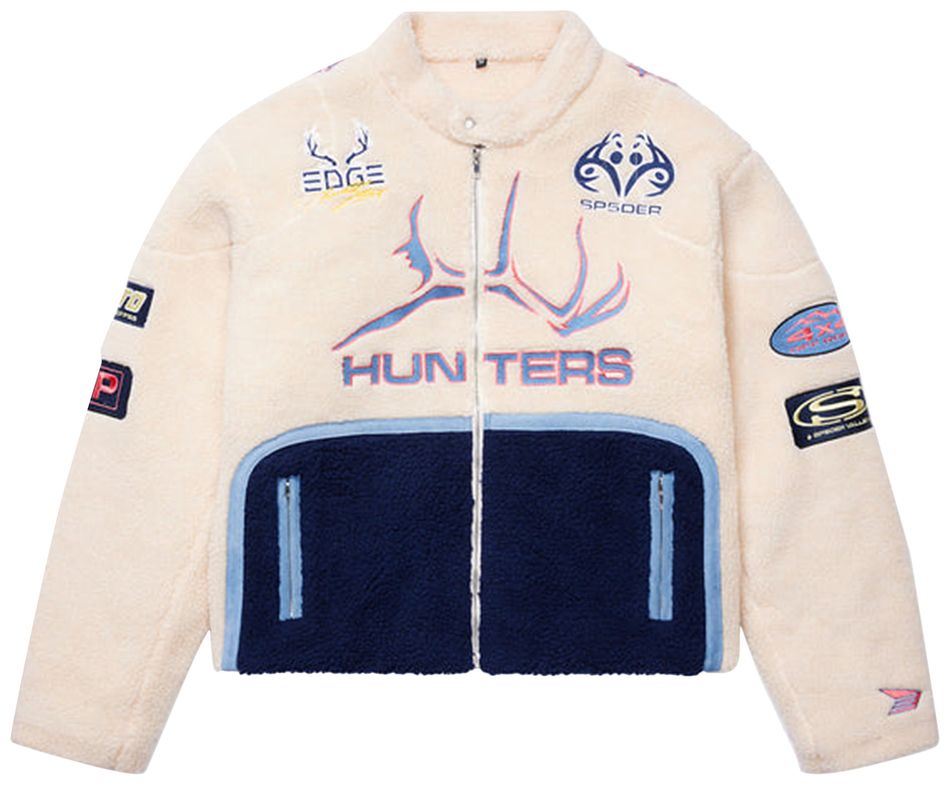 Buy Sp5der Sherpa Hunter Moto Jacket 'Ecru/Navy' - SP5 SMOTOJKT | GOAT