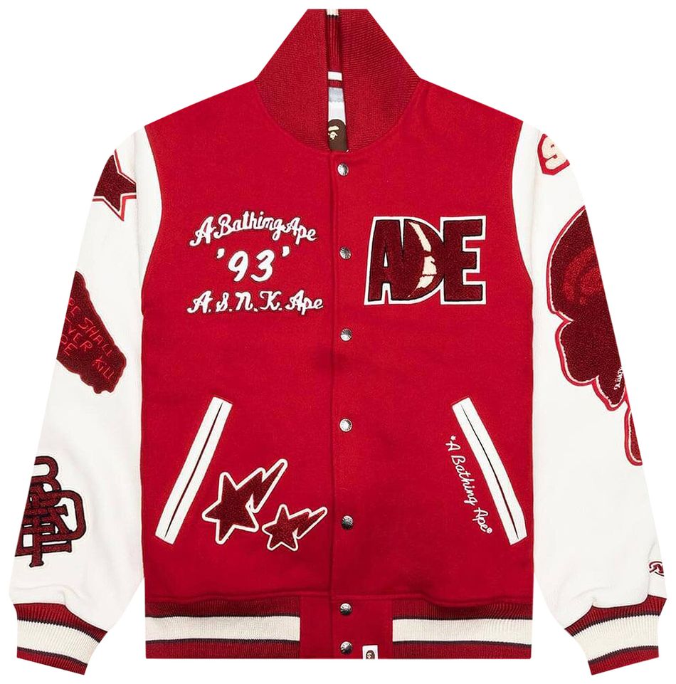 Buy BAPE Multi Motif Varsity Jacket 'Red' - 1J80 141 001 RED | GOAT