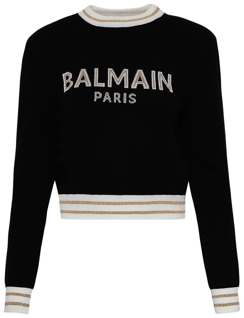 Buy Balmain Logo Intarsia Knitted Cropped Jumper 'Black/Natural/Gold ...
