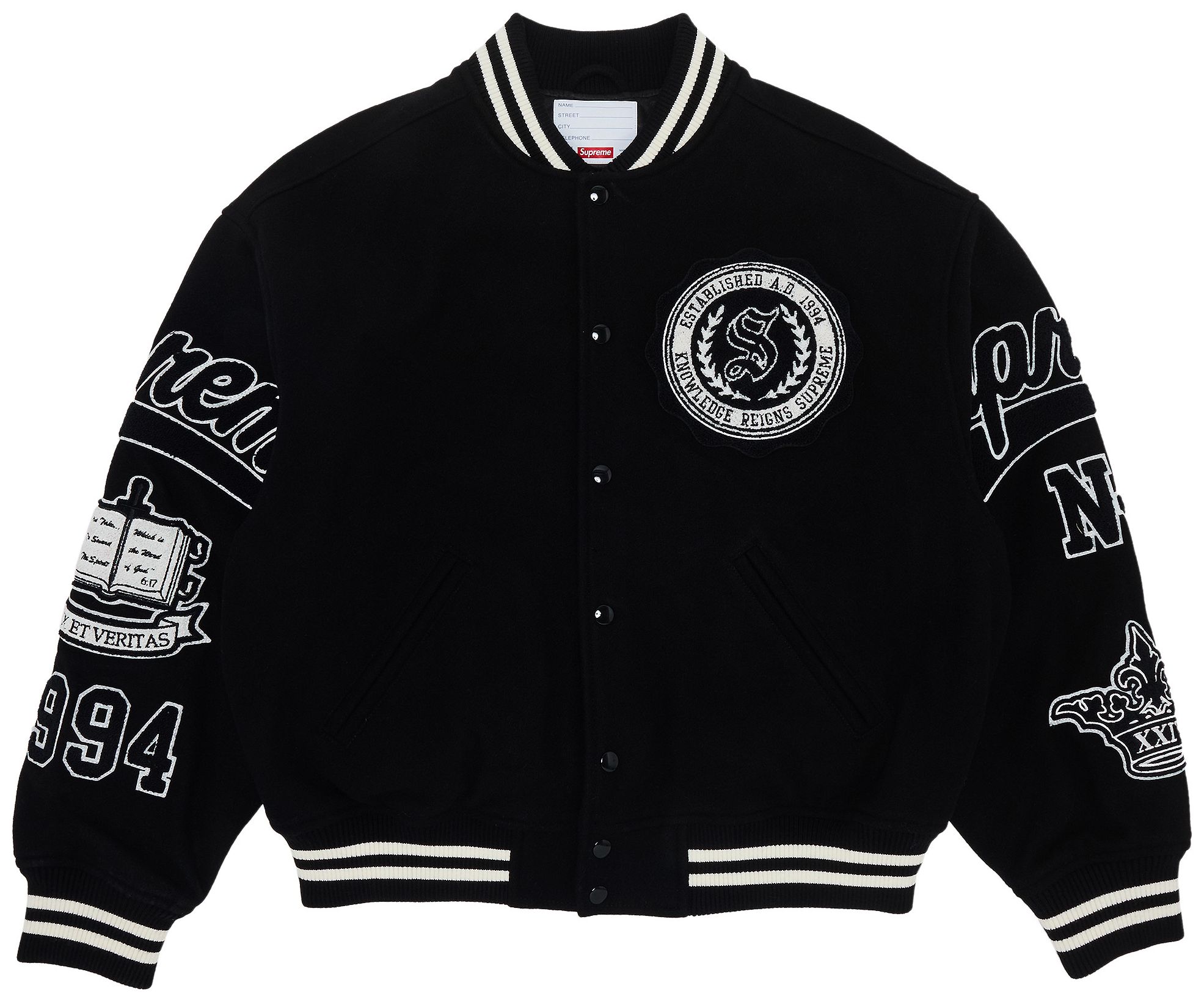 Buy Supreme Veritas Varsity Jacket 'Black' - FW24J44 BLACK | GOAT