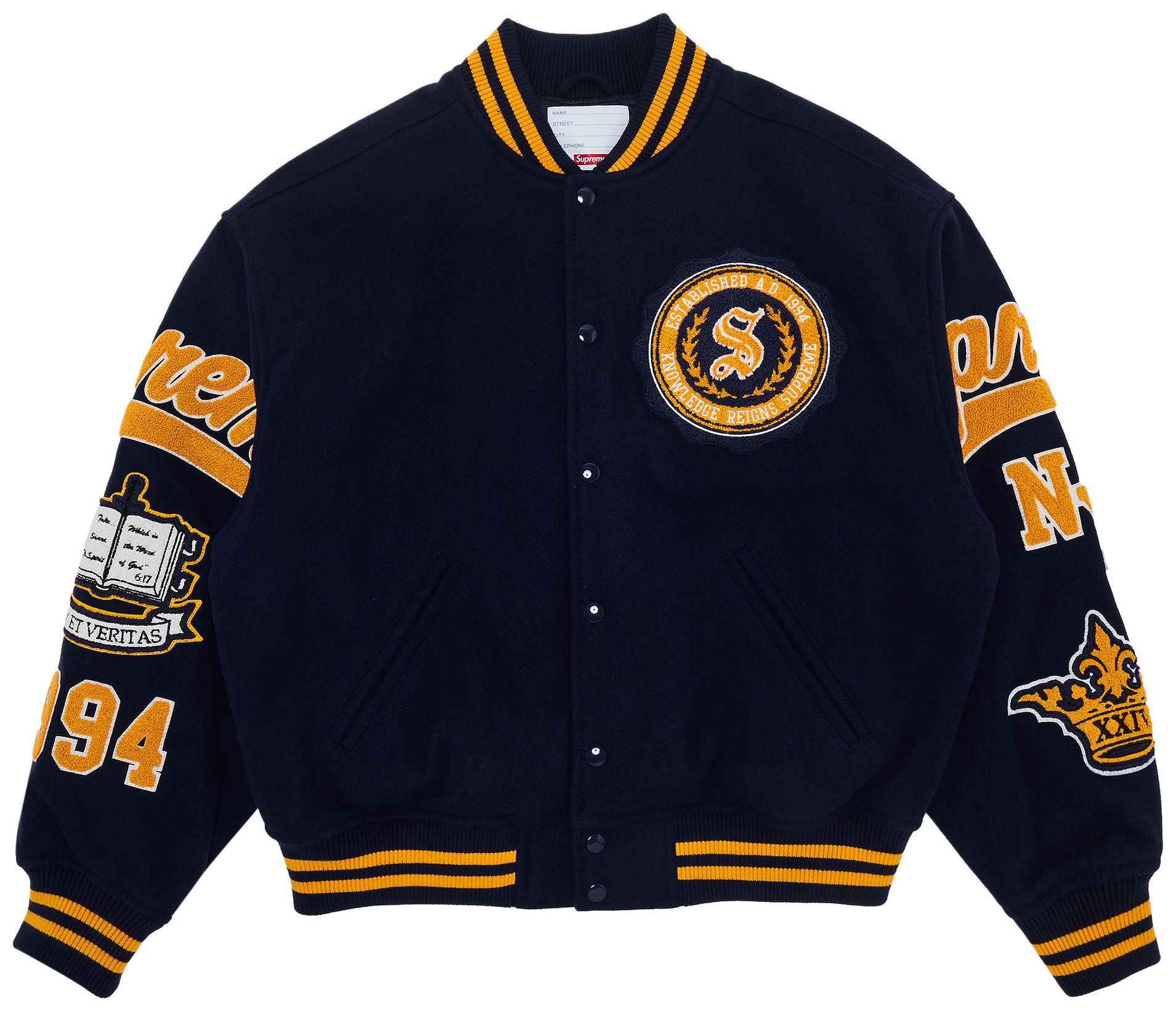 Buy Supreme Veritas Varsity Jacket 'Navy' - FW24J44 NAVY | GOAT