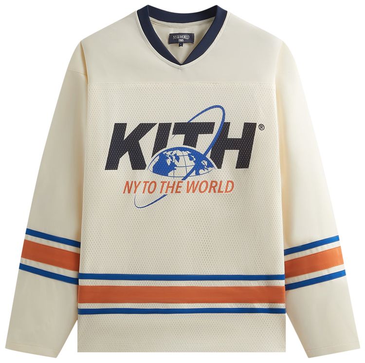 Buy Kith NY to the World Unisphere Malik Long Sleeve Mesh Jersey 'Sandrift' - KHM032653 104 | GOAT