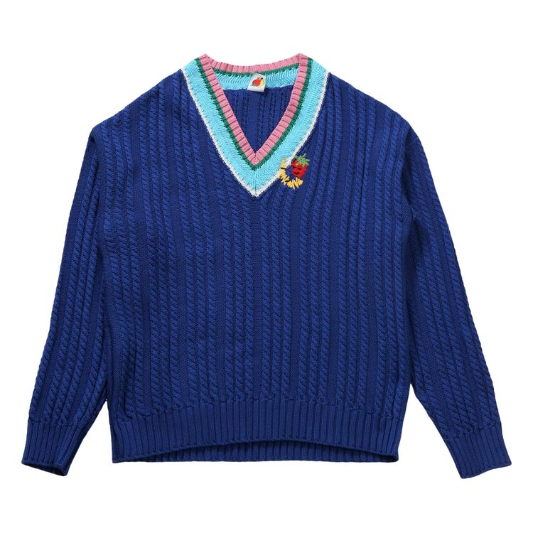 Buy Sky High Farm Workwear V-Neck Striped Cableknit Sweater 'Blue ...