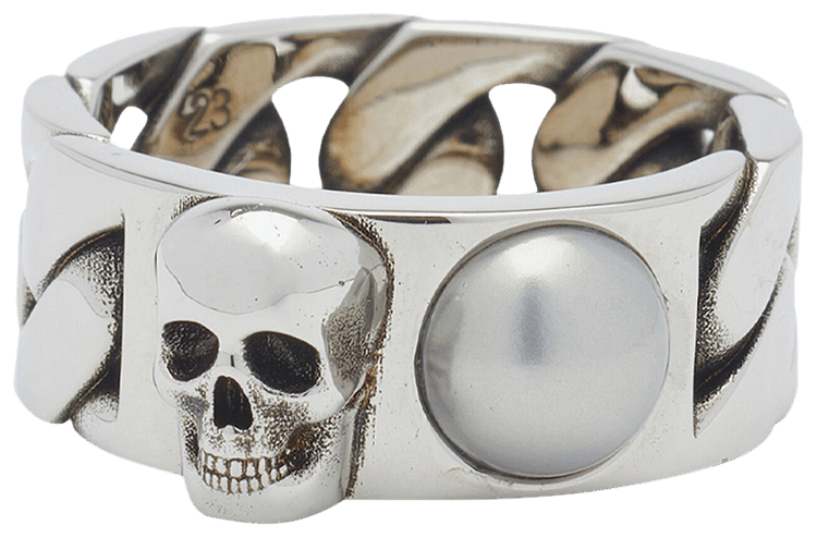 Buy Alexander McQueen Pearl And Skull Chain Ring 'Antique Silver ...